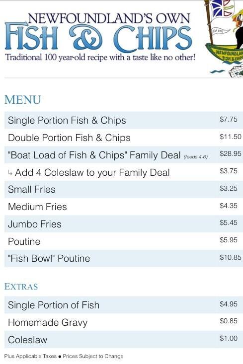 Menu at Newfoundland's Own Fish & Chips restaurant, Welland