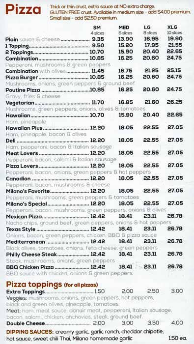 Menu at Milano Pizzeria, Ottawa, 5925 Perth St