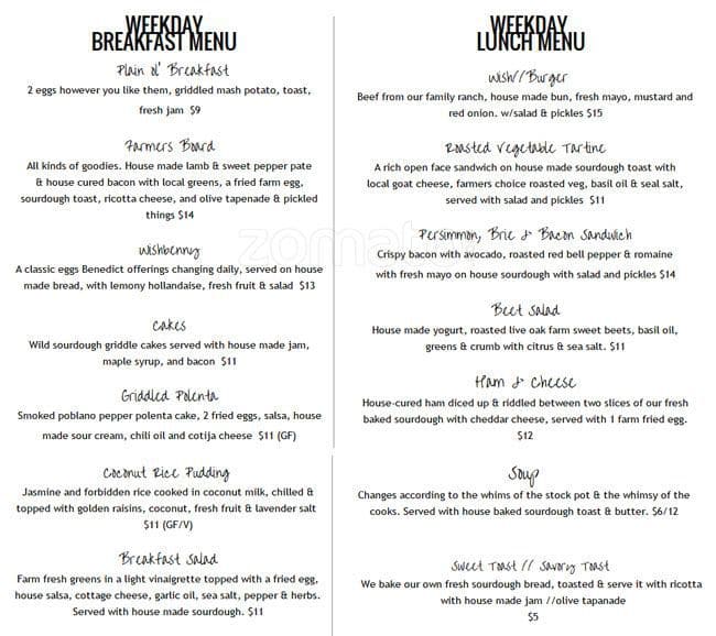 Menu at Wishbone pub & bar, Petaluma