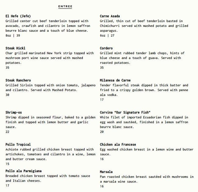 Menu at Fernando's steakhouse, Sugar Land