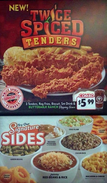 Menu at Popeyes fast food, Austin
