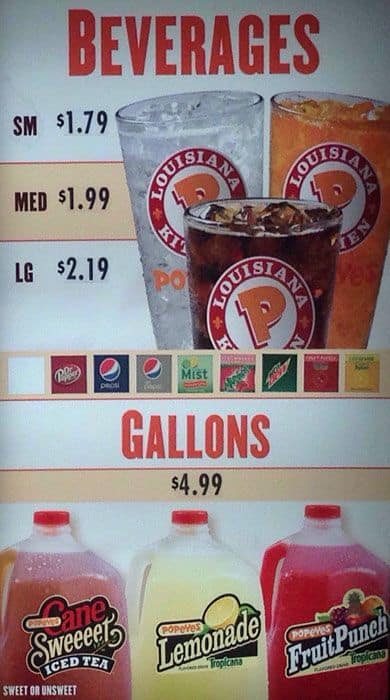 Menu at Popeyes fast food, Austin