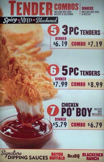 Menu at Popeyes fast food, Austin