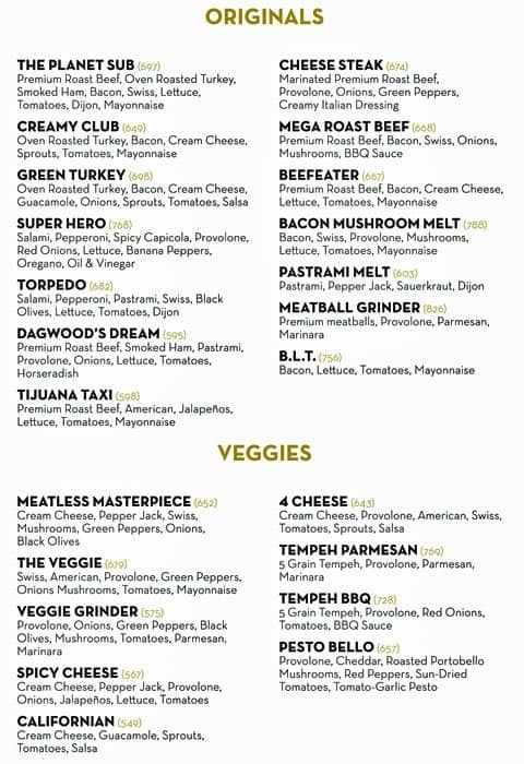 Menu at Planet Sub restaurant, Austin, 906 Congress Ave