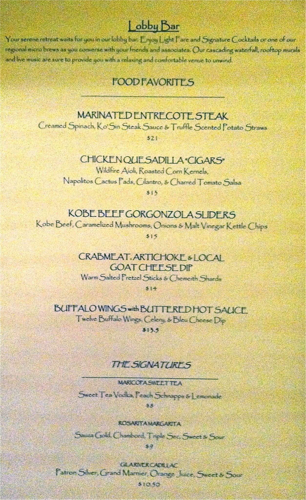 Menu at Lobby Bar, Phoenix, Wild Horse Pass Blvd