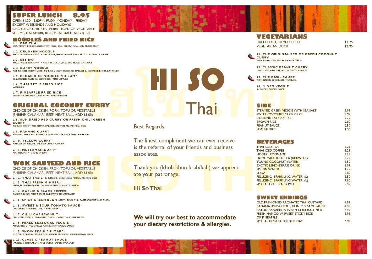 Menu at Hi-So Thai restaurant, Weehawken