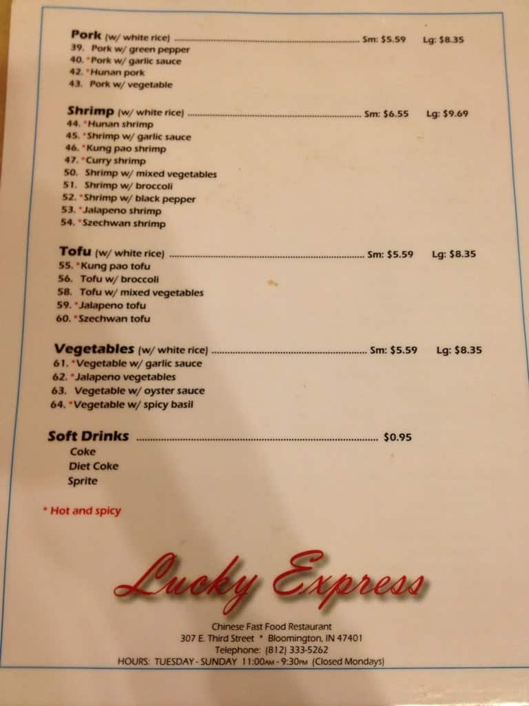 Menu at Lucky Express Lian restaurant, Bloomington
