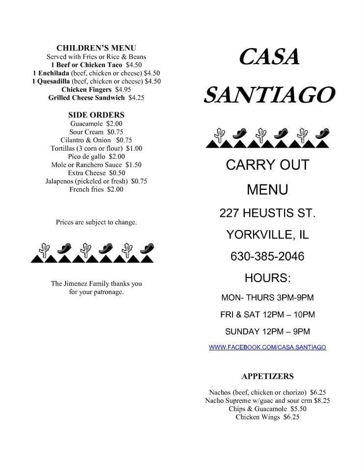 Menu at Casa Santiago restaurant, Yorkville