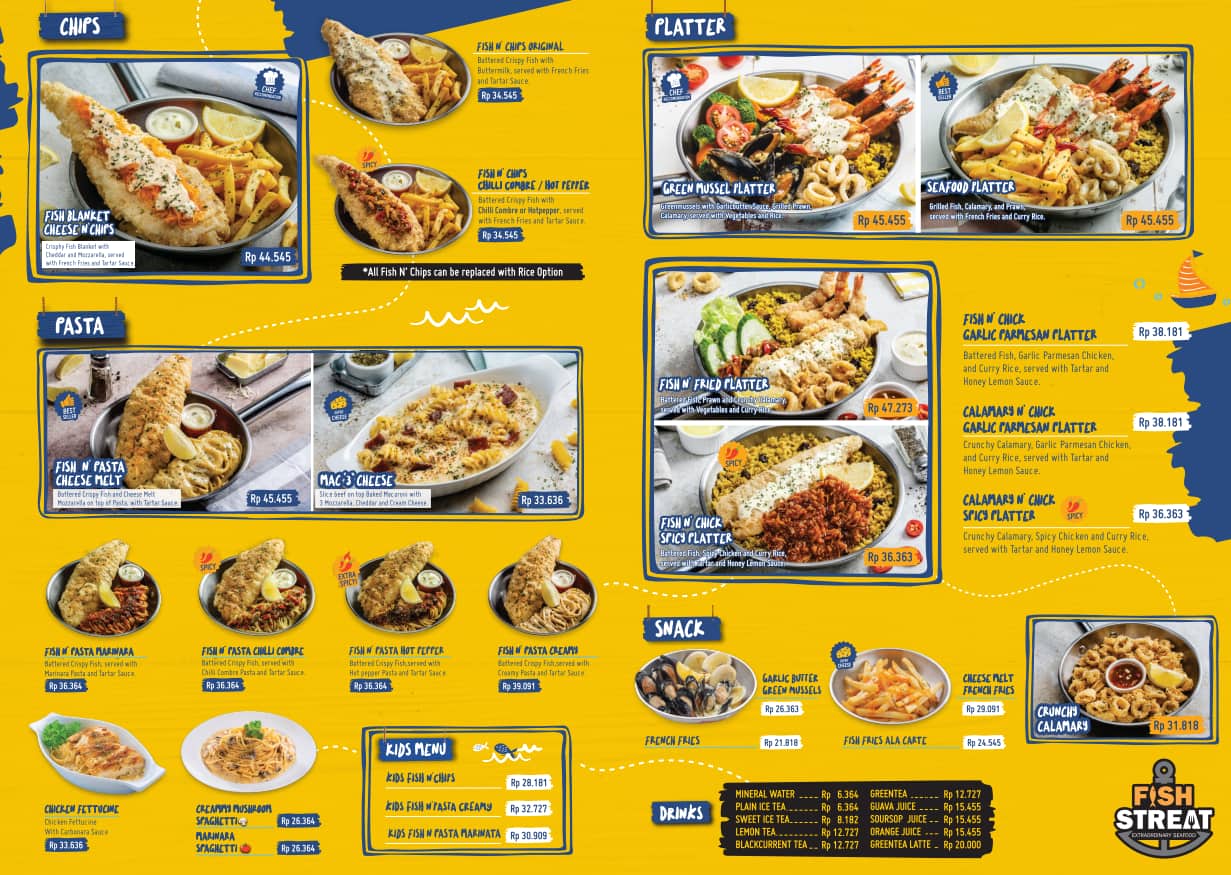Menu at Fish Streat restaurant, Bandung