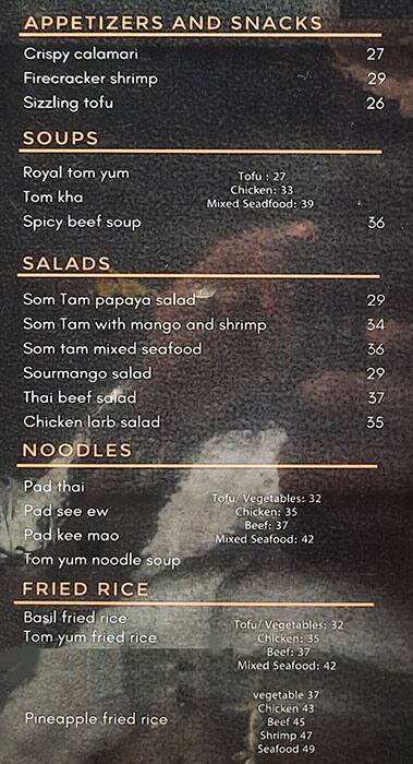 Menu at San Thai restaurant, Abu Dhabi