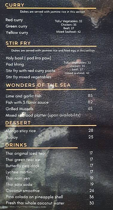 Menu at San Thai restaurant, Abu Dhabi