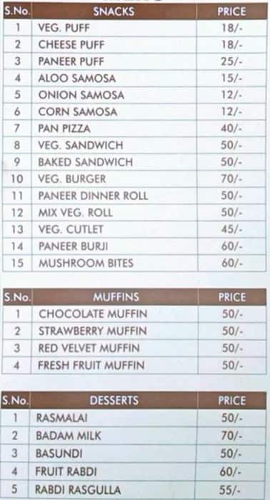 Menu of Swiss Castle, Gandipet, Hyderabad