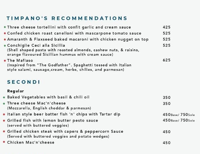Menu of Timpano - The Pasta Shop, Sector 15, Gurgaon