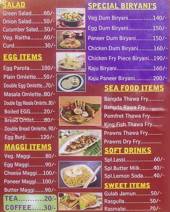 Menu of Arya's Hyderabad Guest House & Resto-Bar, Baga, Goa