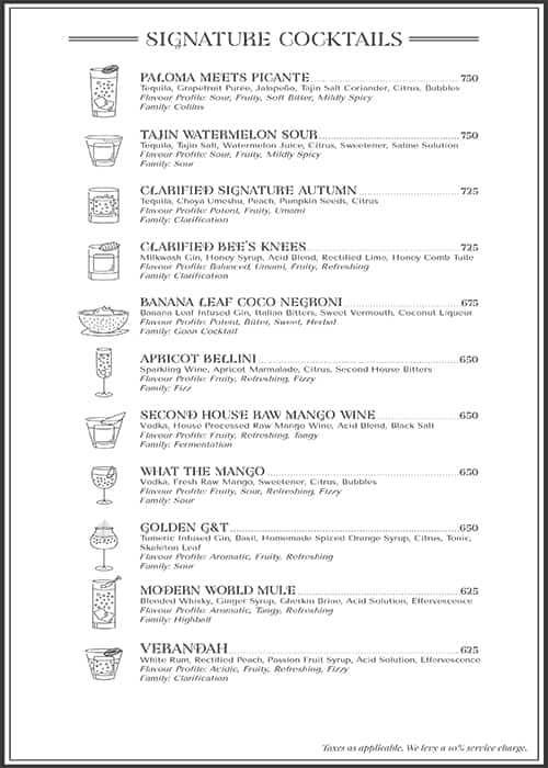 Menu of The Second House, Saligao, Goa
