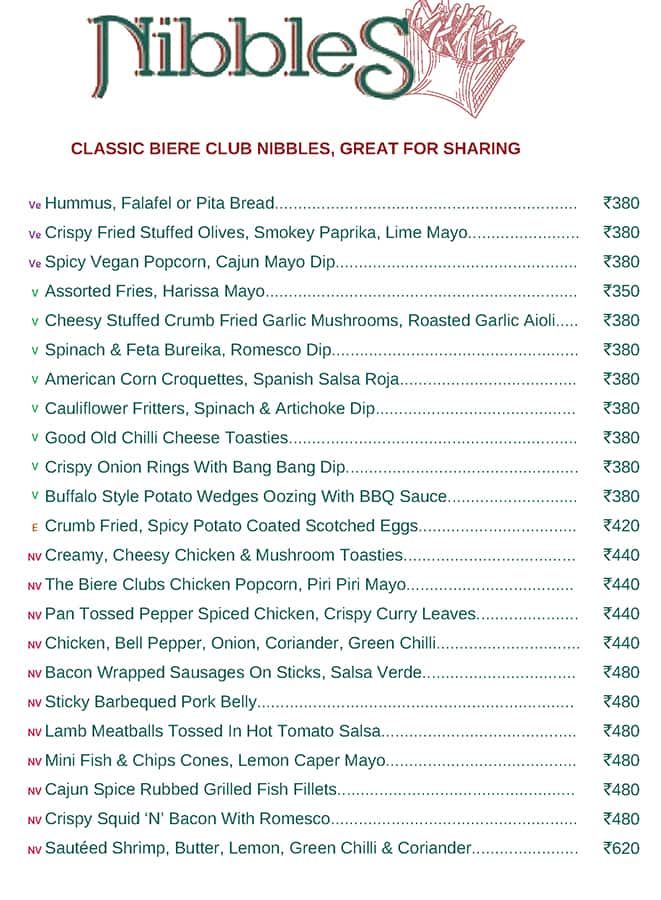 Menu of The Biere Club, Lavelle Road, Bangalore