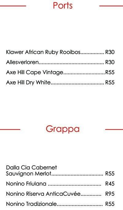 Menu au Alphen Boutique Hotel & Spa pub et bar, Le Cap