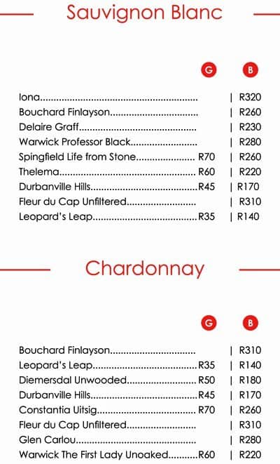 Menu au Alphen Boutique Hotel & Spa pub et bar, Le Cap