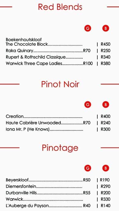 Menu at Alphen Boutique Hotel & Spa pub & bar, Cape Town