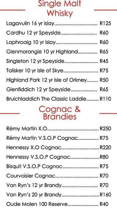 Menu at Alphen Boutique Hotel & Spa pub & bar, Cape Town