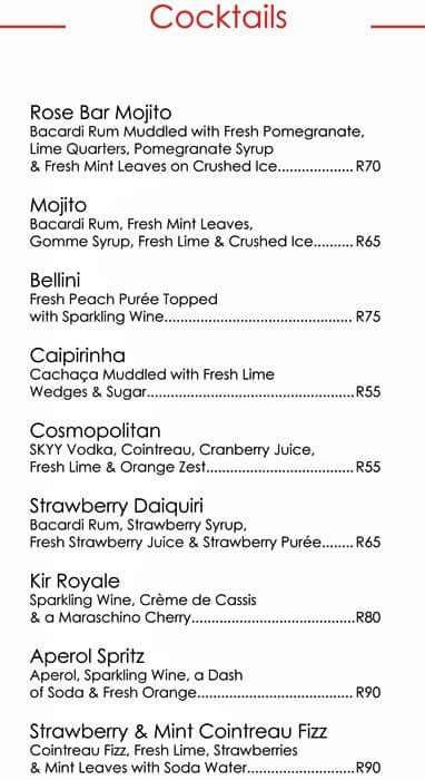 Menu au Alphen Boutique Hotel & Spa pub et bar, Le Cap