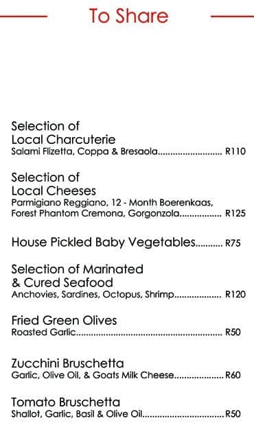 Menu au Alphen Boutique Hotel & Spa pub et bar, Le Cap