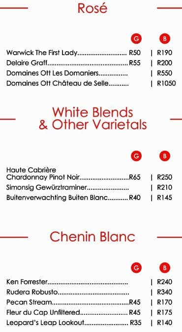 Menu at Alphen Boutique Hotel & Spa pub & bar, Cape Town
