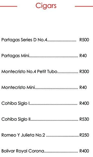 Menu at Alphen Boutique Hotel & Spa pub & bar, Cape Town