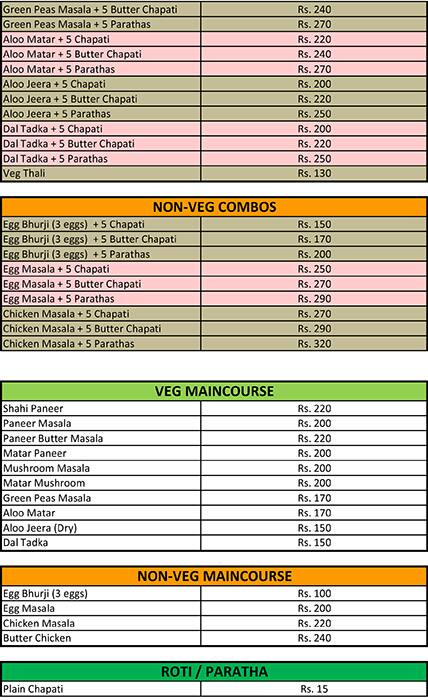 Menu at Late Lateef, Pune