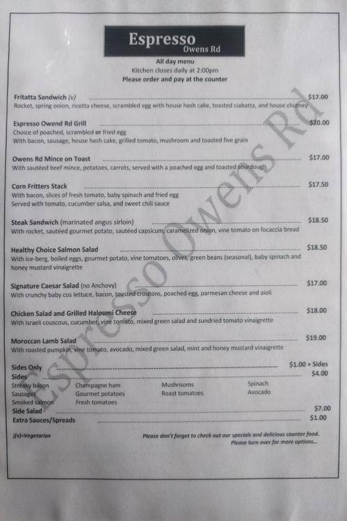 Menu at Espresso Owens Road cafe, Auckland, 02 Owens Rd