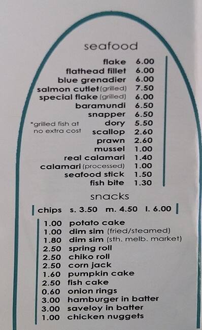 Menu at Thalassa Fish and Chippers restaurant, Hoppers Crossing