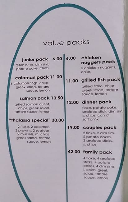 Menu at Thalassa Fish and Chippers restaurant, Hoppers Crossing