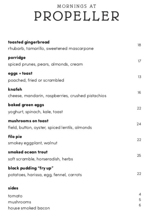 Menu at Propeller restaurant, North Fremantle