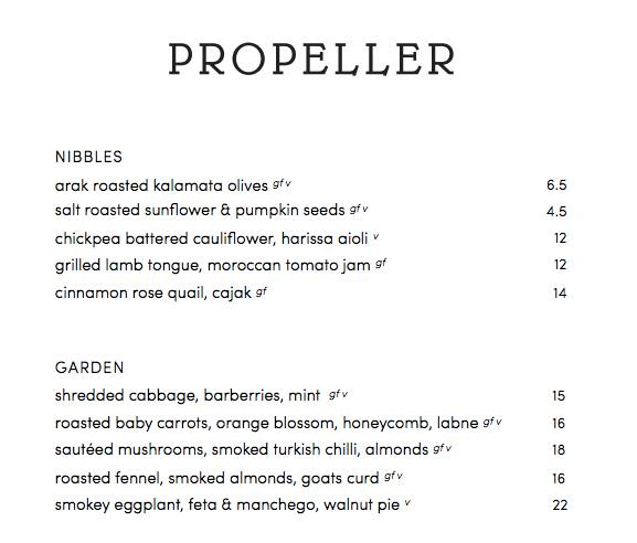 Menu at Propeller restaurant, North Fremantle
