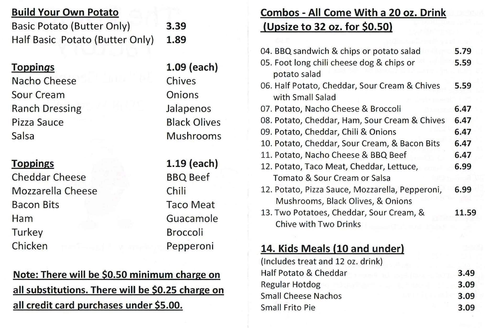 Menu at Potato Factory restaurant, Amarillo, SW 34th Ave