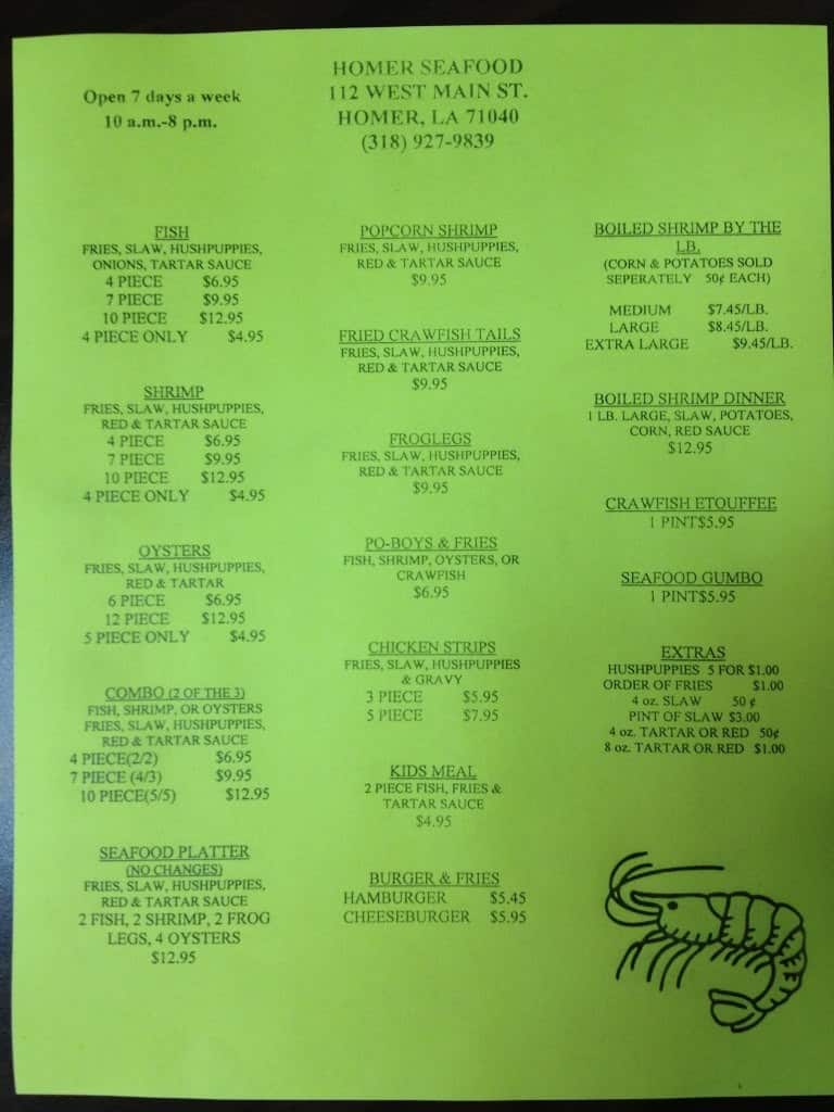 Menu at Homer Seafood restaurant, Homer