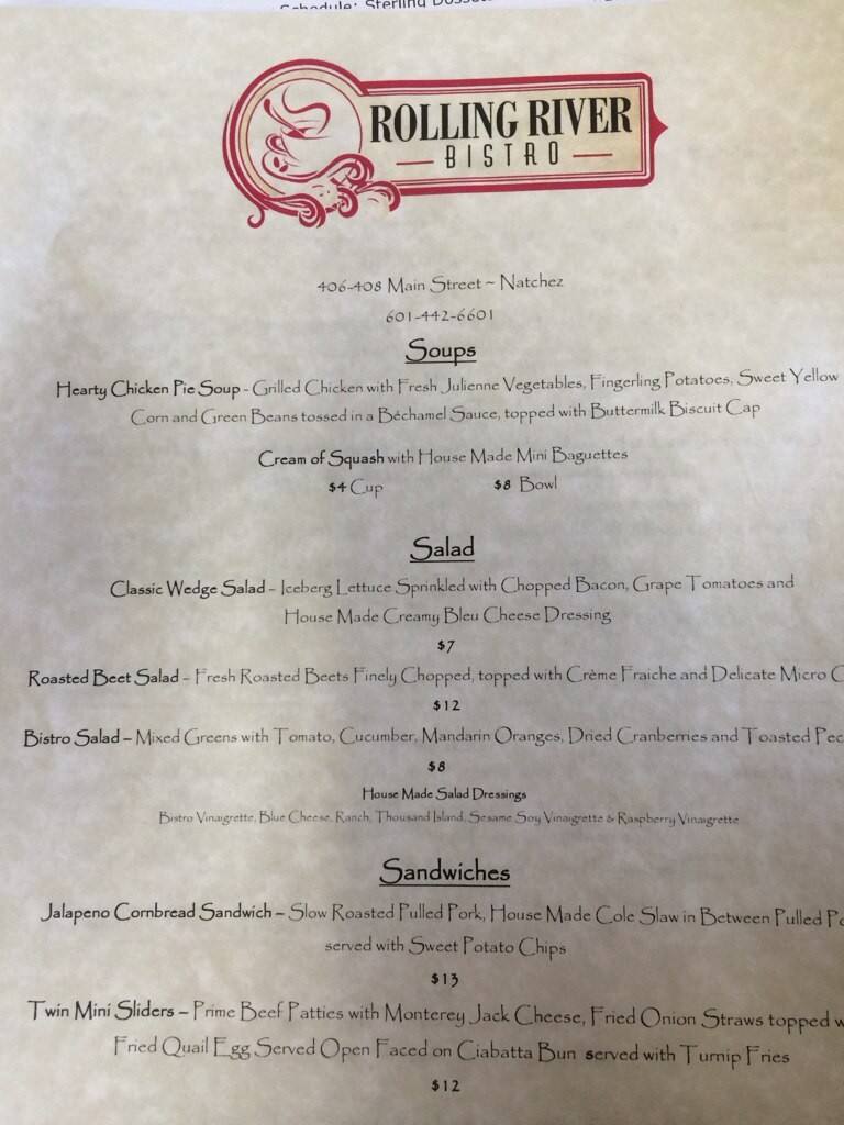 Menu at Rolling River Roasters restaurant, Natchez