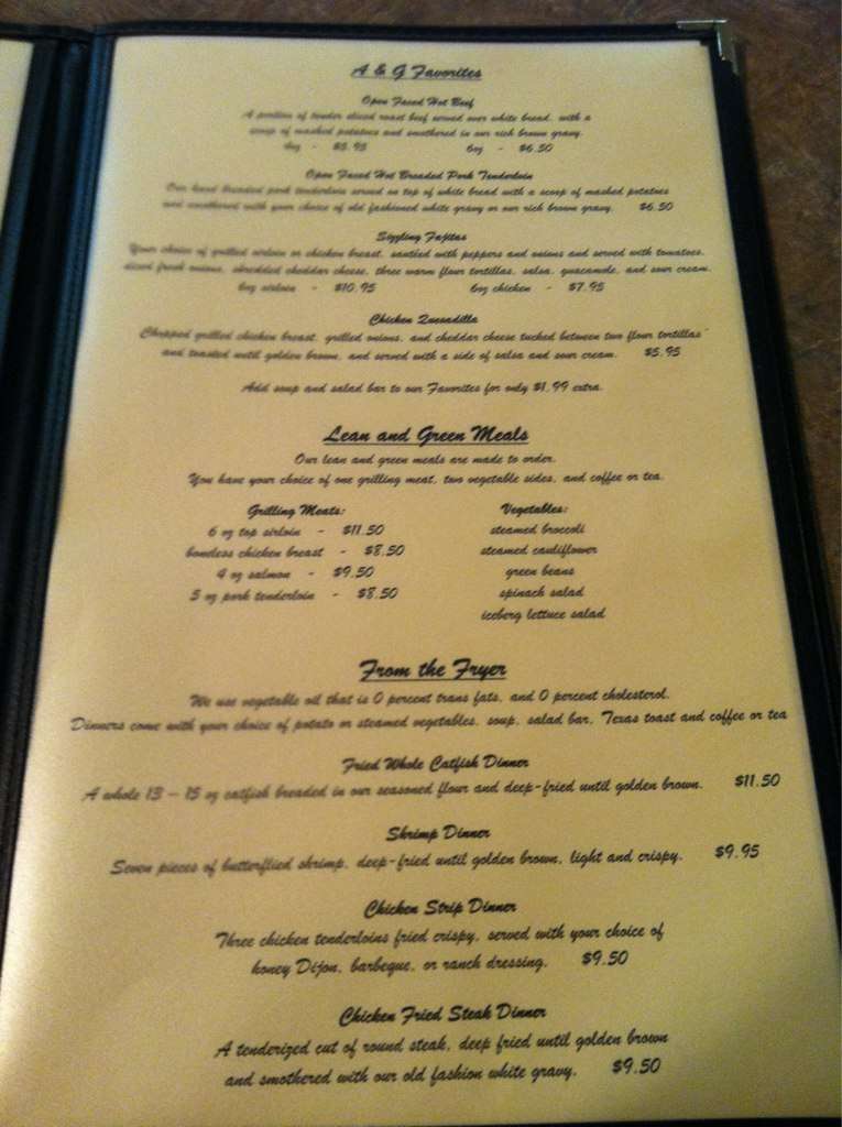 Menu at A & G Restaurant, Falls City