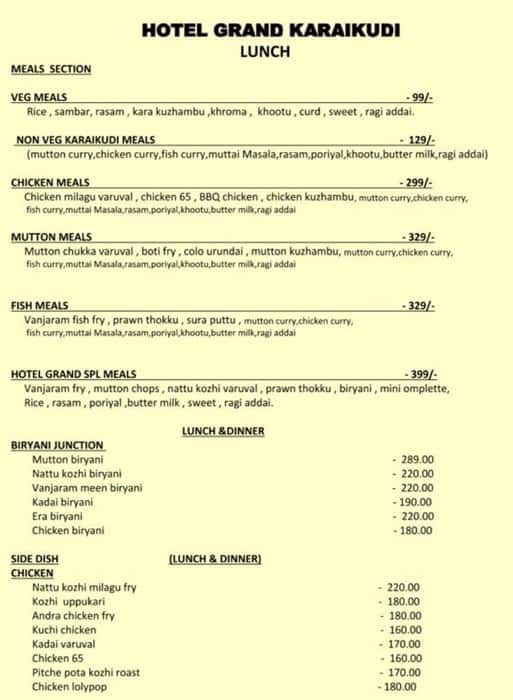 Menu of Hotel Grand Karaikudi, East Coast Road (ECR), Chennai