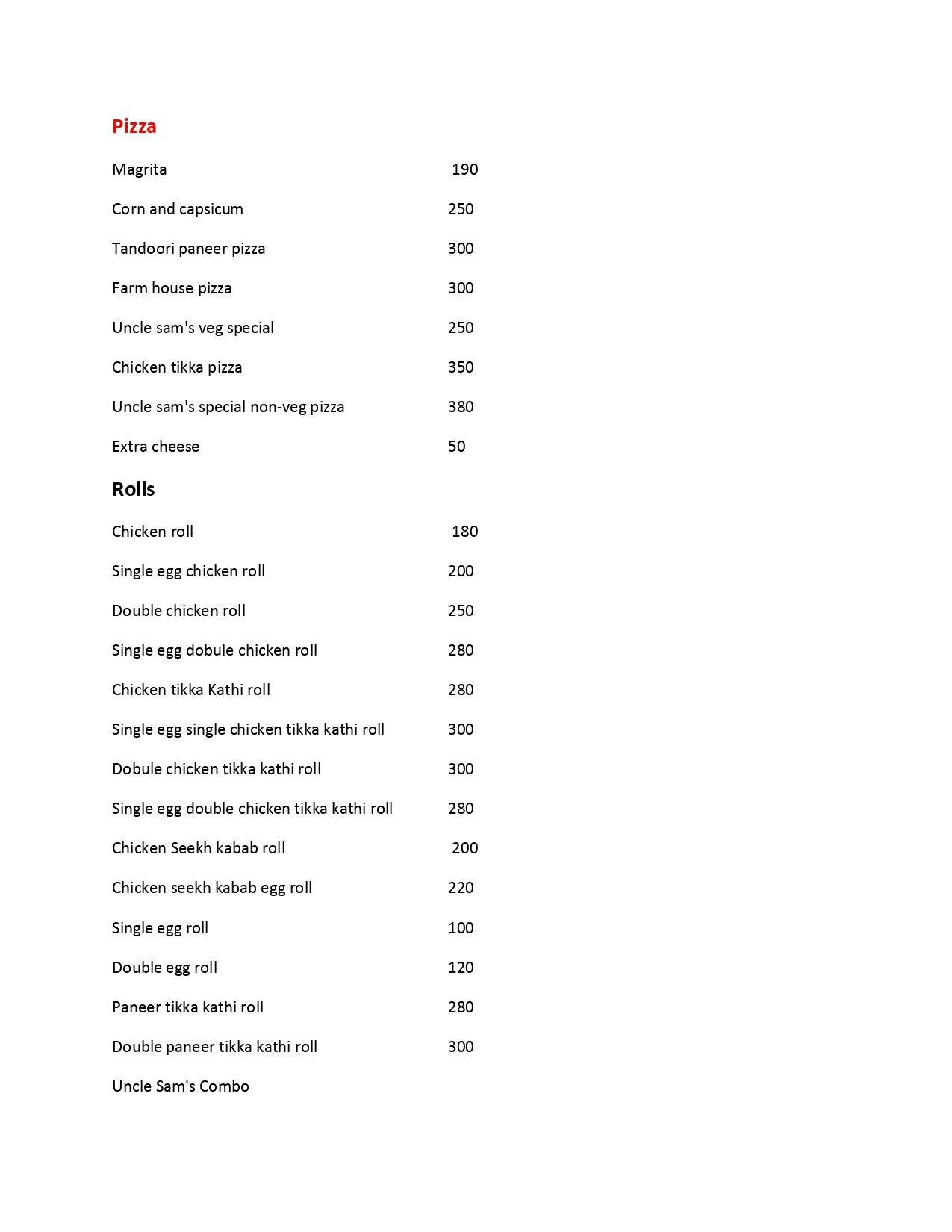 Menu of Uncle Sam's Pizza N Roll, Sector 135, Noida