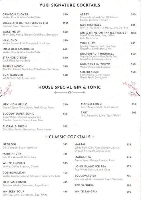 Menu of Yuki, JP Nagar, Bangalore