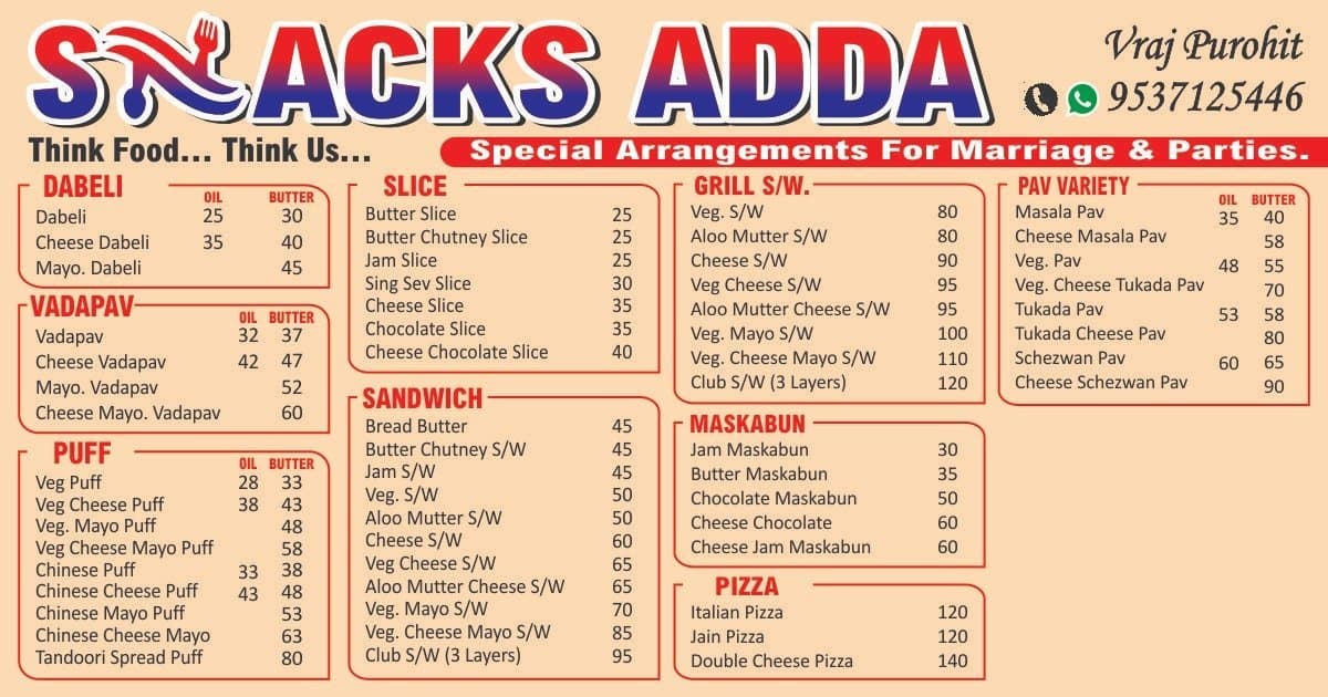 Menu of Snacks Adda, Isanpur, Ahmedabad