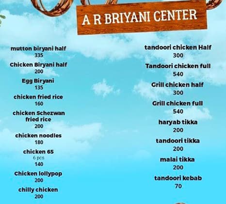Menu of A.R. Briyani Center, Chengalpattu, Chennai
