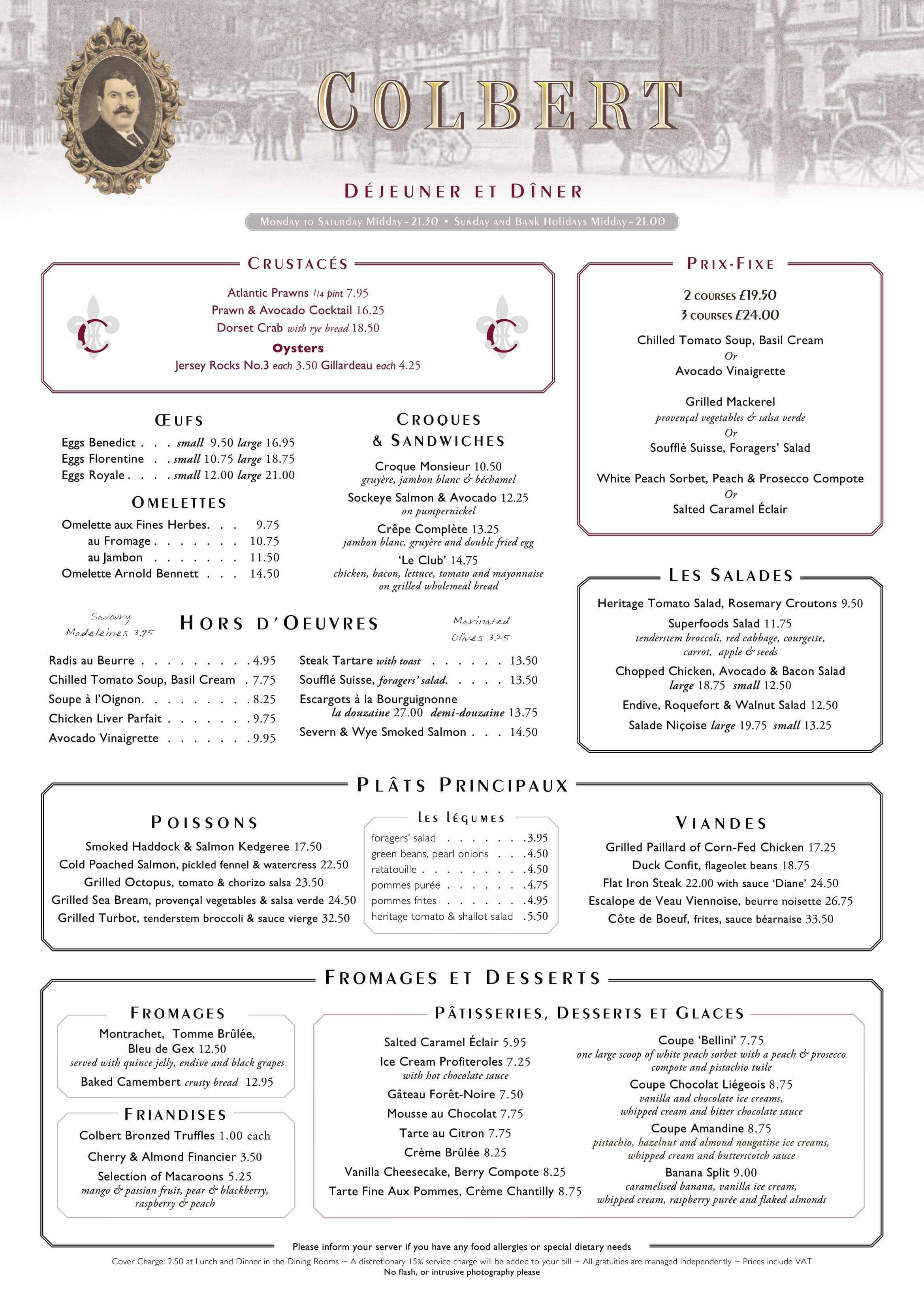 Menu at Colbert cafe, London, 50-52 Sloane Square