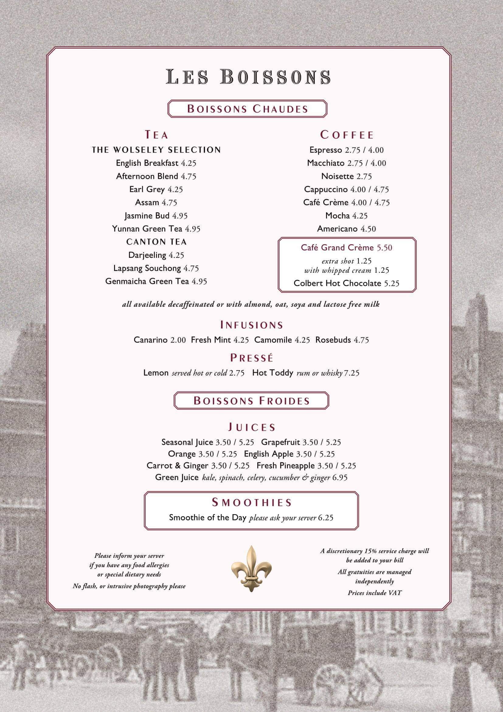 Menu at Colbert cafe, London, 50-52 Sloane Square