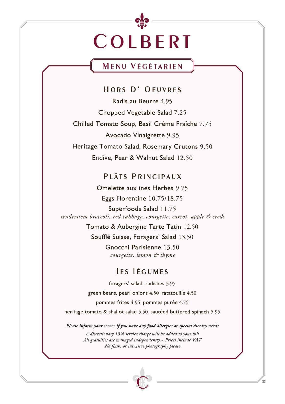 Menu at Colbert cafe, London, 50-52 Sloane Square