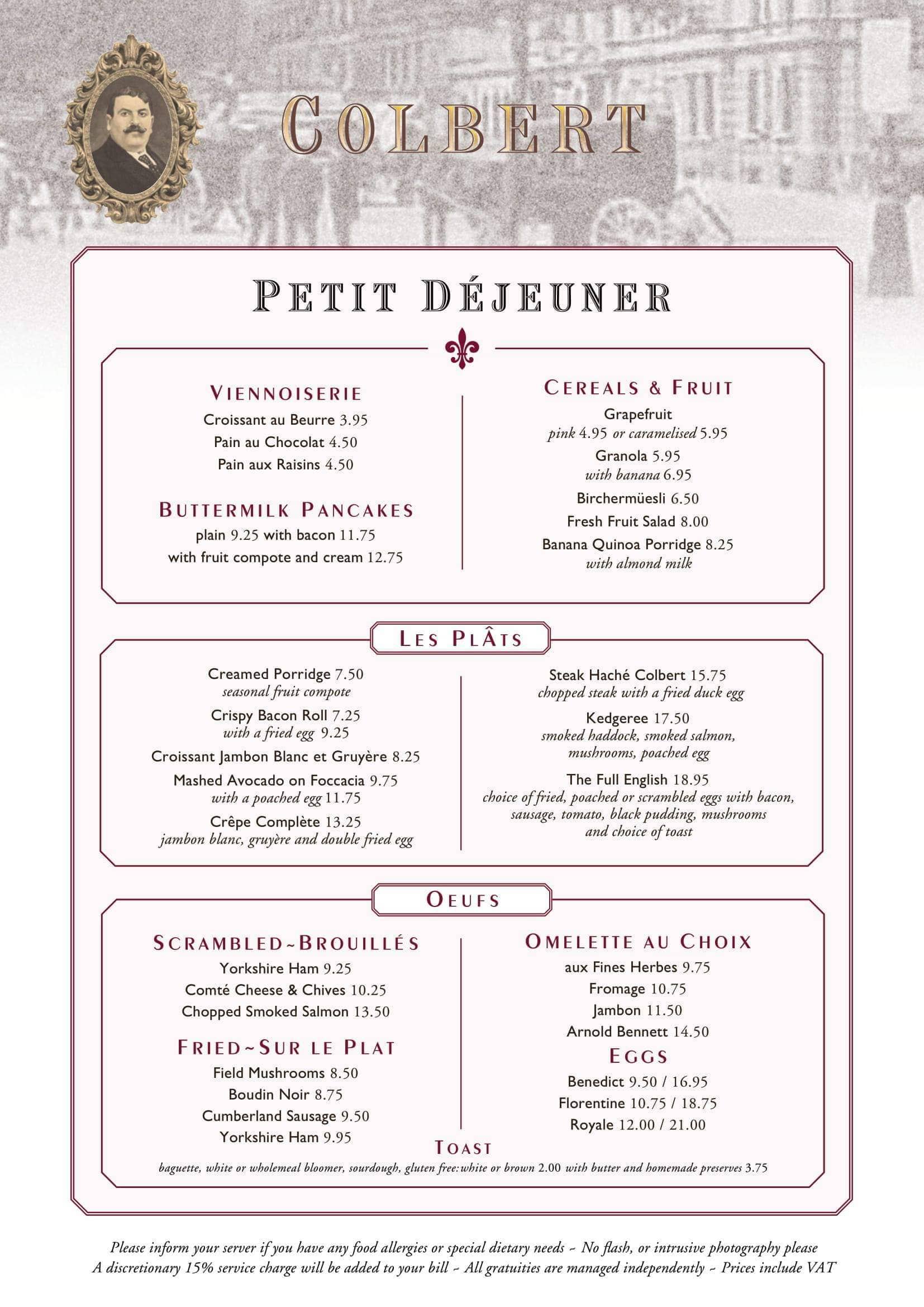 Menu at Colbert cafe, London, 50-52 Sloane Square