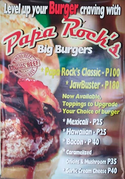 Menu at Papa Rock's Big Burgers and Grillery restaurant, Marikina