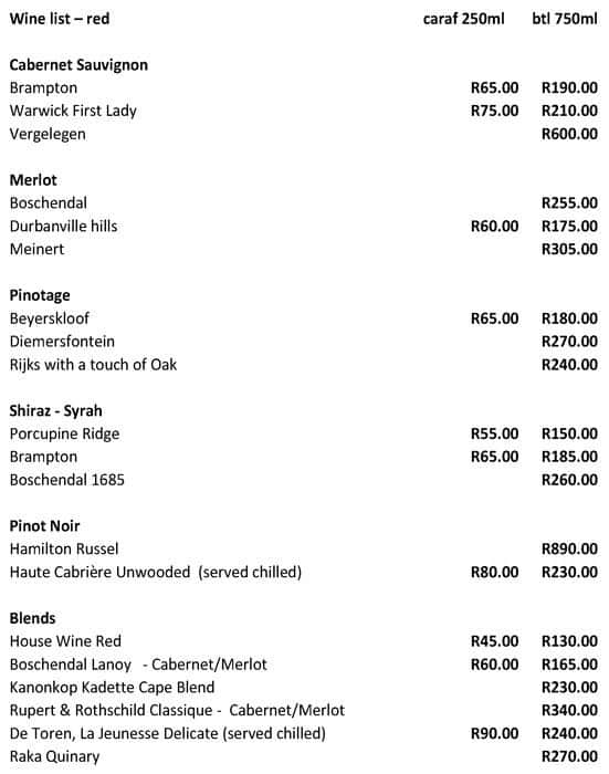 Menu at The Grill at One Twenty Restaurant, Boksburg