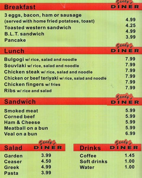 Menu at Sandy's Diner restaurant, Toronto